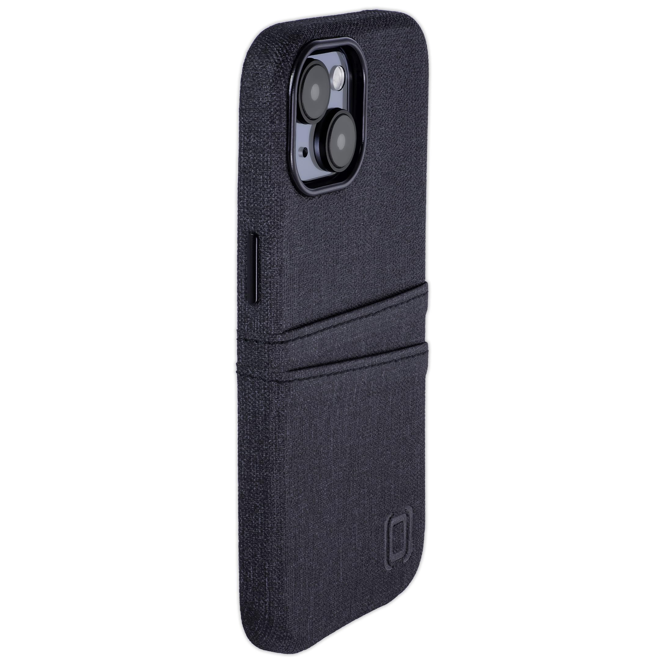 Dockem Card Case for iPhone 15 with Built-in Metal Plate for Magnetic Mounting & 2 Card Holder Pockets: Luxe M2 Wallet, Canvas Style Synthetic Leather (iPhone 15, Black)