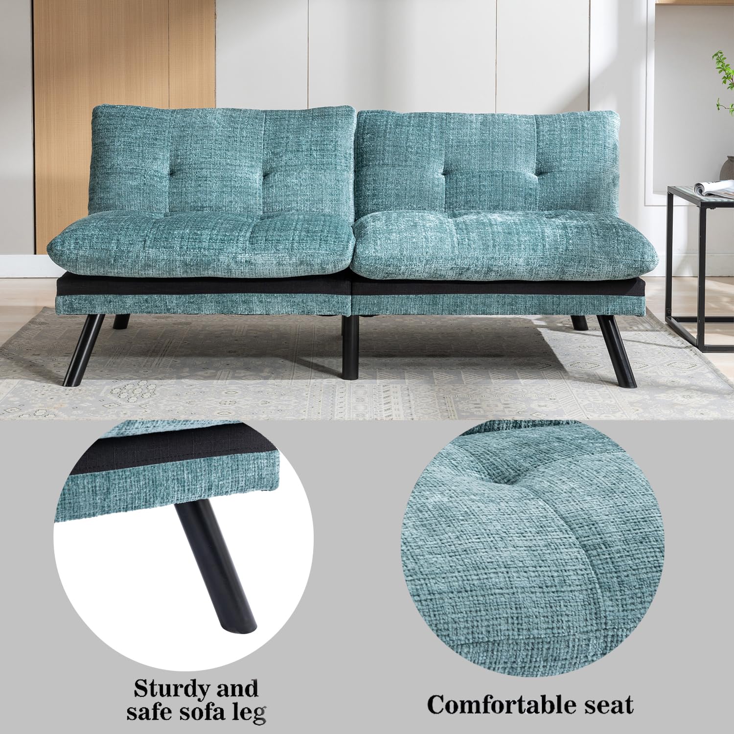 Futon Sofa Bed,Modern Convertible Sofa Bed,Folding Loveseat Sleeper Sofa,Breathable Futon Couch Bed with Adjustable Backrest&Metal Legs for Compact Small Spaces, Apartment,Dorm,Office (Mint Green)