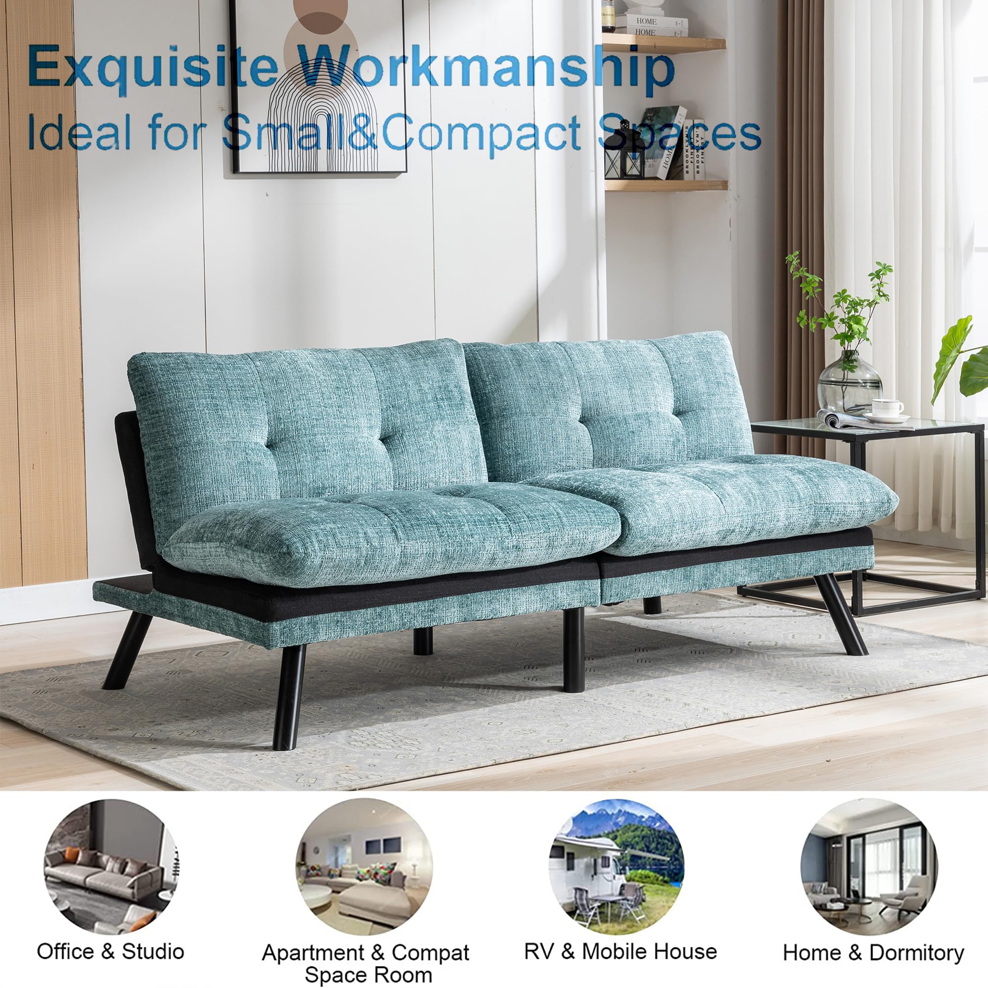 Futon Sofa Bed,Modern Convertible Sofa Bed,Folding Loveseat Sleeper Sofa,Breathable Futon Couch Bed with Adjustable Backrest&Metal Legs for Compact Small Spaces, Apartment,Dorm,Office (Mint Green)