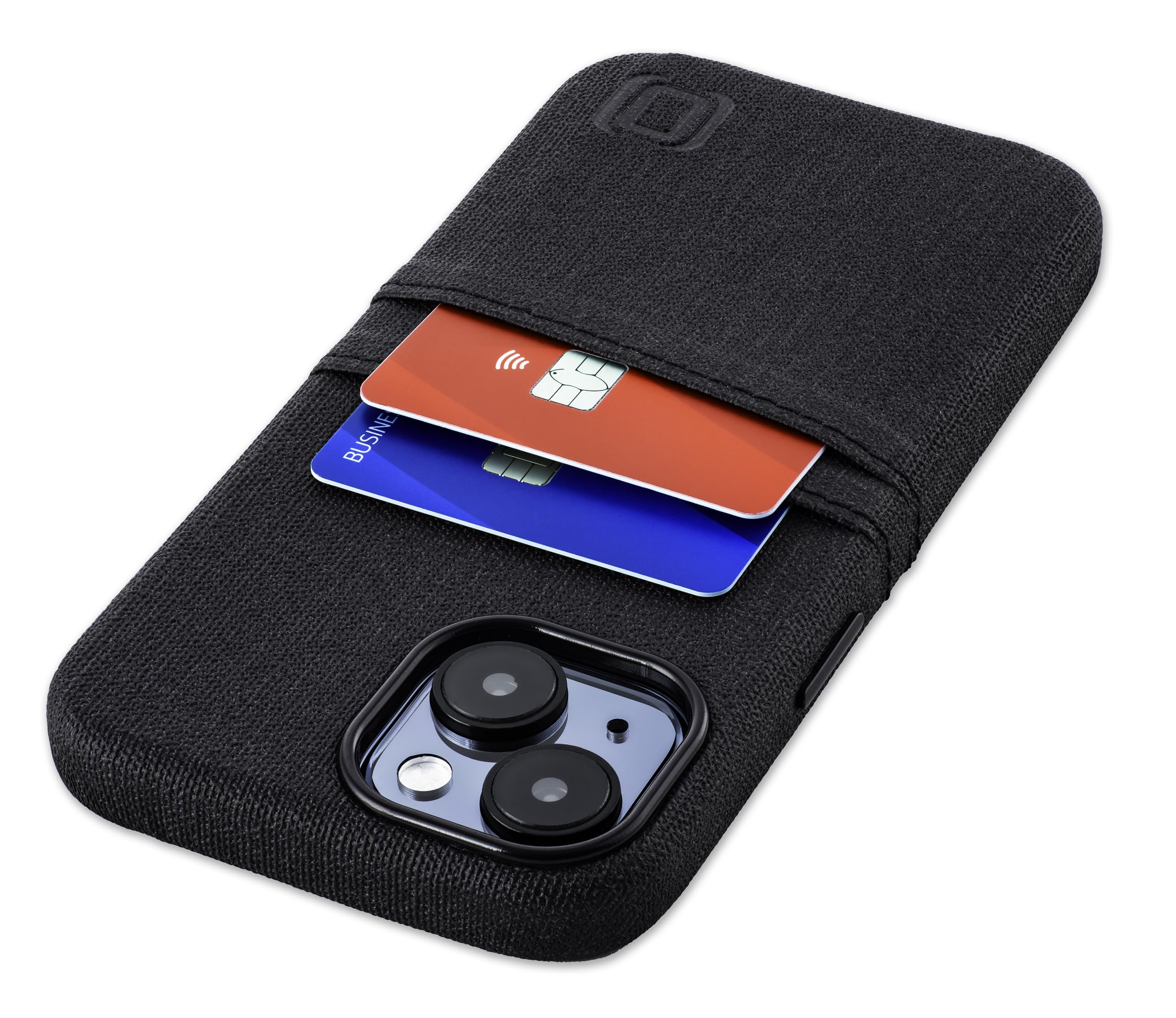 Dockem Card Case for iPhone 15 with Built-in Metal Plate for Magnetic Mounting & 2 Card Holder Pockets: Luxe M2 Wallet, Canvas Style Synthetic Leather (iPhone 15, Black)