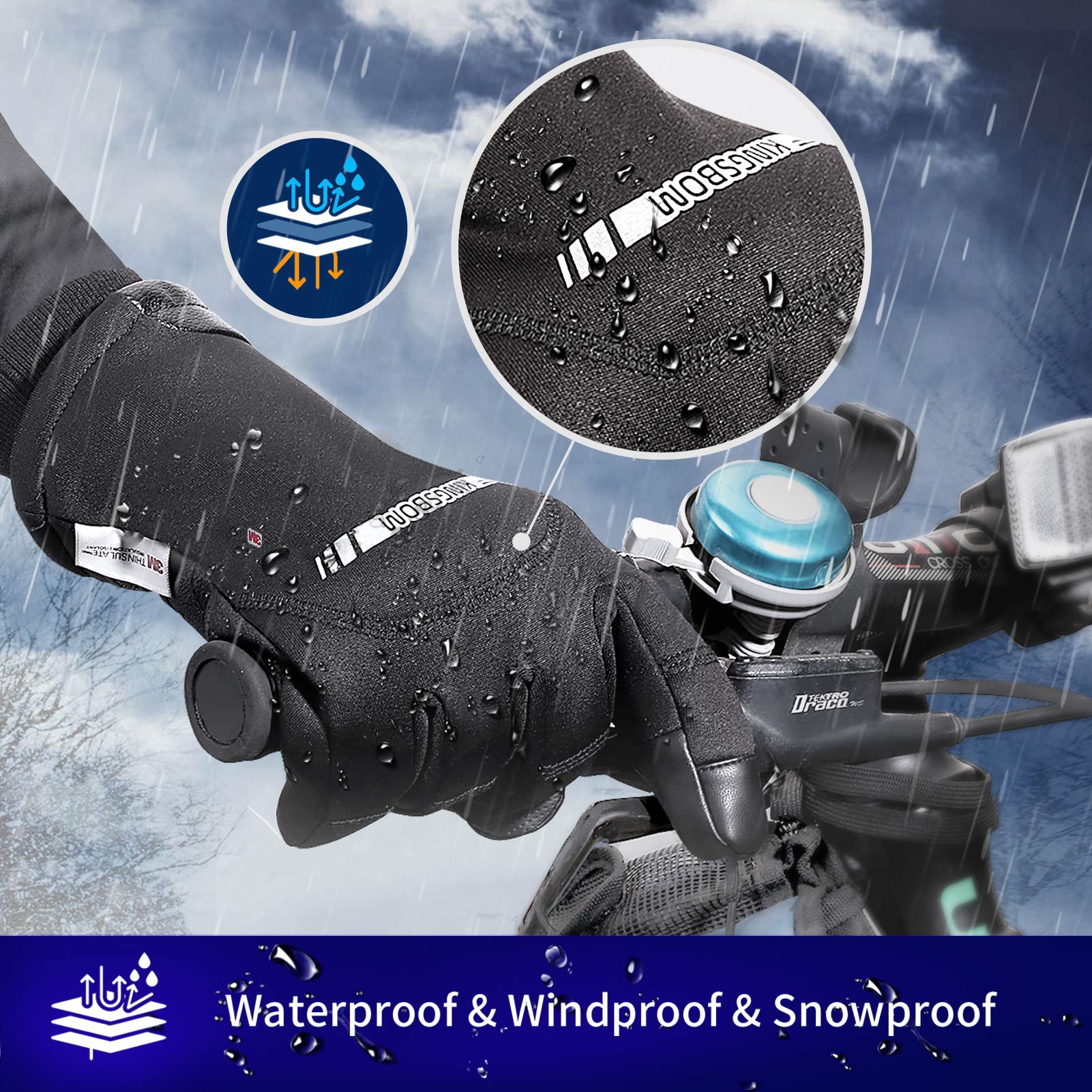 KINGSBOM -40℉ Winter Waterproof Thermal Gloves - 3M Thinsulate Windproof Touch Screen Warm Gloves - for Driving,Cycling,Running - for Women and Men - Black (X-Large)