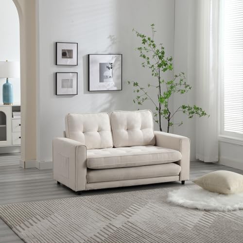 LAVHOME Sofa,Convertible Futon Sleeper sofabed,Space Saving loveseat,Pull Out Couch Bed for Living Room,Velvet Linen Fabric, Beige