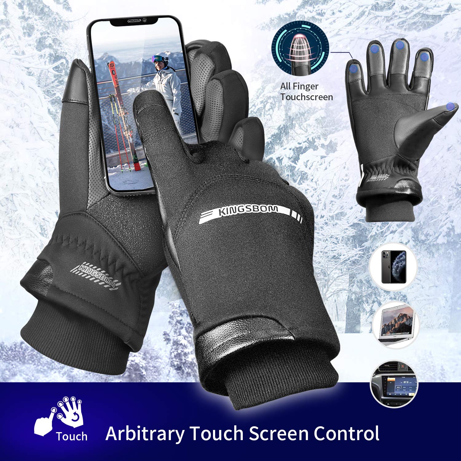 KINGSBOM -40℉ Winter Waterproof Thermal Gloves - 3M Thinsulate Windproof Touch Screen Warm Gloves - for Driving,Cycling,Running - for Women and Men - Black (X-Large)