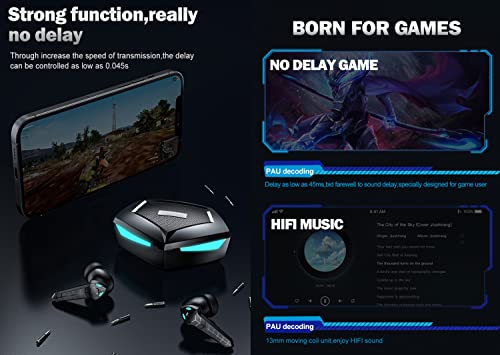 Bluetooth 5.2 Wireless Earbuds Gaming Headphones for Motorola one 5G ace, Low Latency with Cool Lights, True Wireless Gaming Headset Music/Gaming Mode - Black