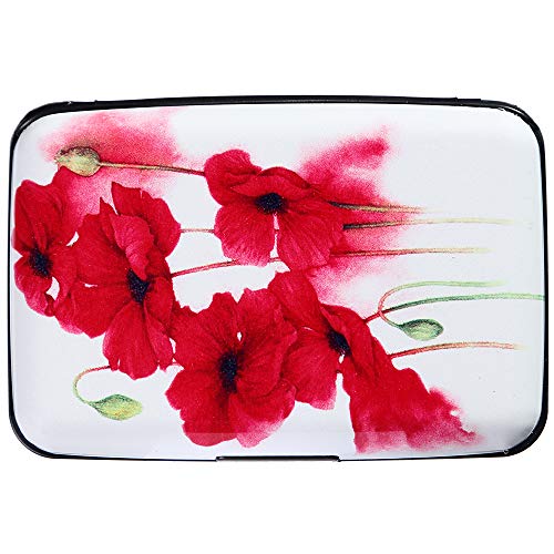 CANTINEY Credit Card Holder RFID Blocking Wallet for Women Men Small Mini Metal Slim Hard Aluminum Business Card Case (Red Poppies)