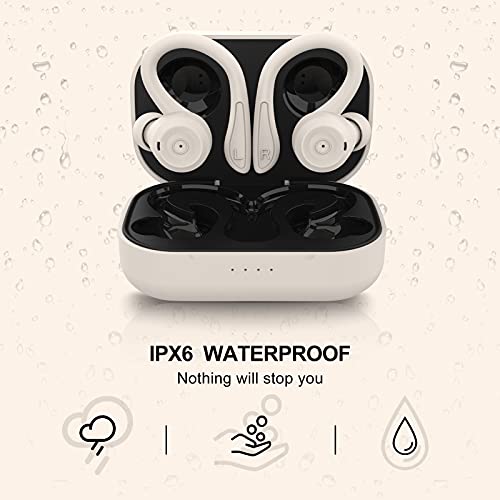 Beige Wireless Earbuds with Earhooks Bluetooth Earbuds with Ear Hook Waterproof Sport Headphones Noise Cancelling Ear Buds with Microphone Long Battery Life Earphones for Running Workout Android iOS