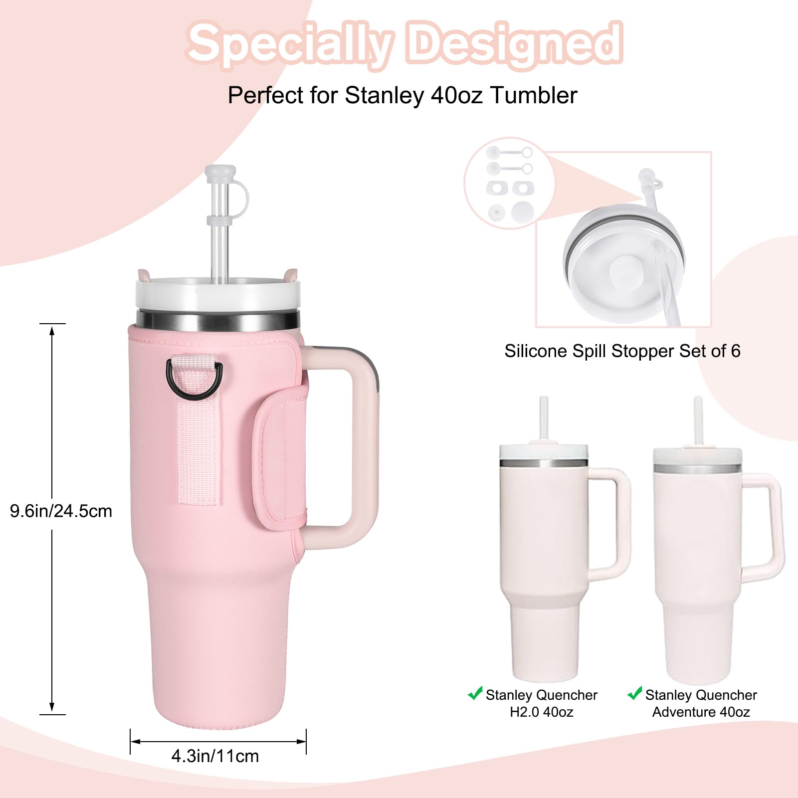 NEECZS Water Bottle Carrier Bag for Stanley 40 oz Tumbler with Handle,Neoprene Water Bottle Holder Pouch with Strap&Spill Stopper for Stanley Cup Accessories,Bottle Sling for Walking Hiking Camping