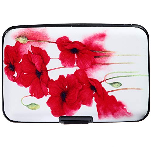 CANTINEY Credit Card Holder RFID Blocking Wallet for Women Men Small Mini Metal Slim Hard Aluminum Business Card Case (Red Poppies)