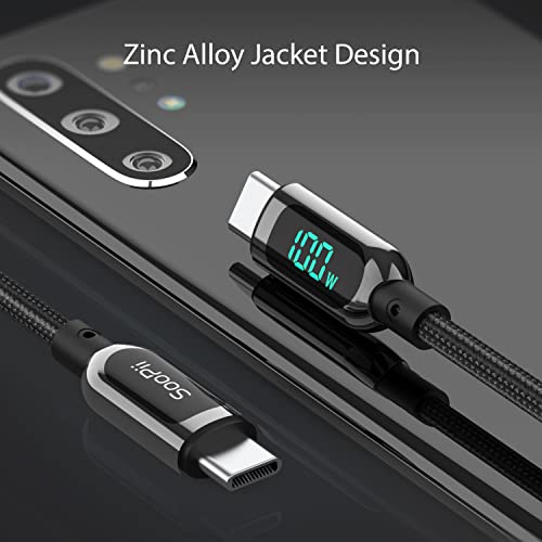 SOOPII 100W 4ft USB C to USB C Cable Fast Charge, Nylon Braided Type-C Cable with LED Display for lPad Air/lPad Pro, MacBook Pro, Samsung Galaxy S21/S10/S9/Plus (Black)