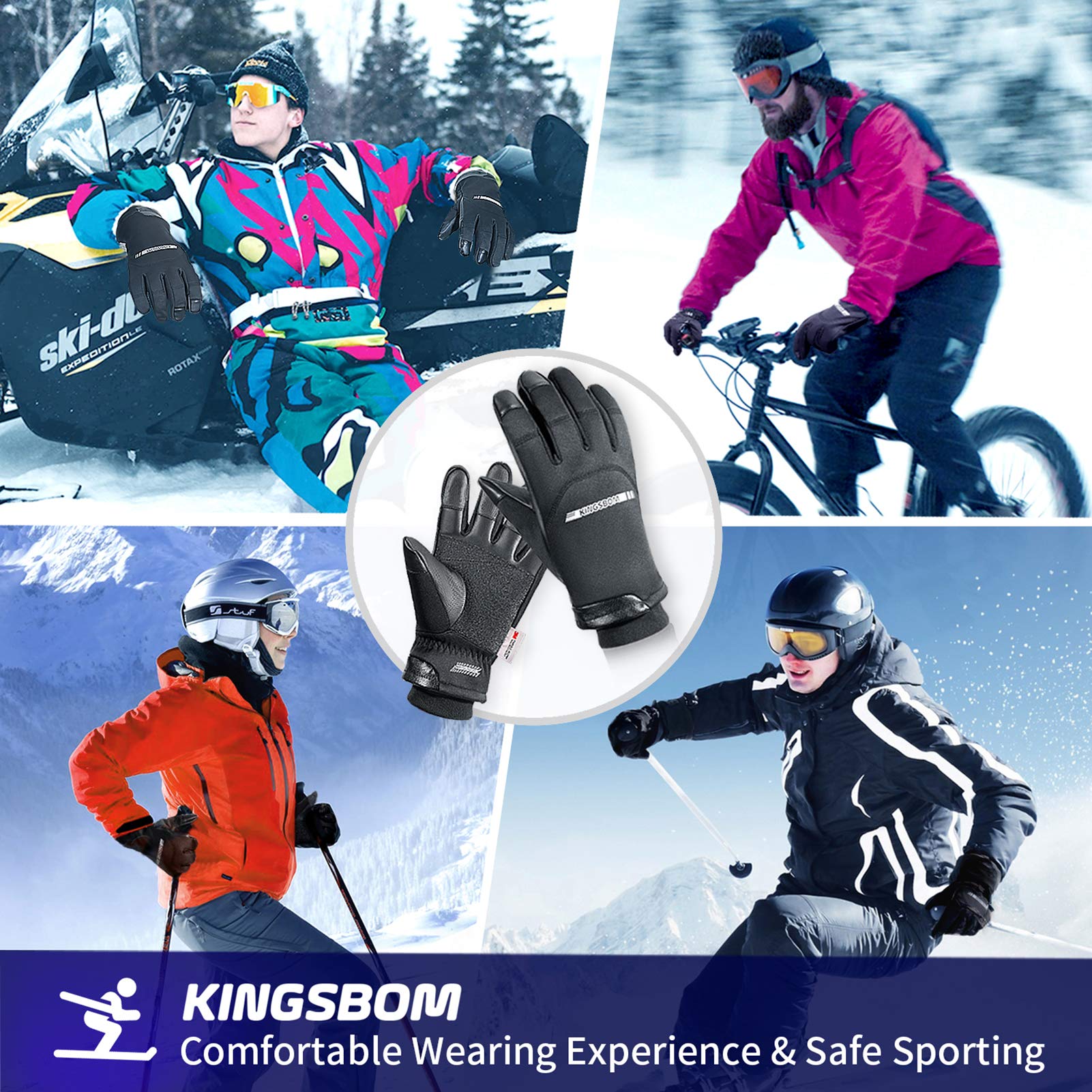 KINGSBOM -40℉ Winter Waterproof Thermal Gloves - 3M Thinsulate Windproof Touch Screen Warm Gloves - for Driving,Cycling,Running - for Women and Men - Black (X-Large)