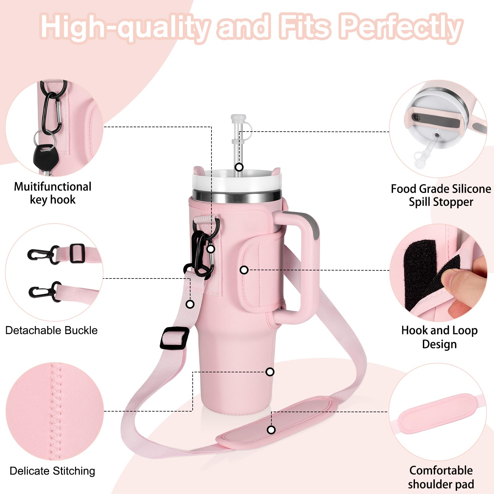 NEECZS Water Bottle Carrier Bag for Stanley 40 oz Tumbler with Handle,Neoprene Water Bottle Holder Pouch with Strap&Spill Stopper for Stanley Cup Accessories,Bottle Sling for Walking Hiking Camping