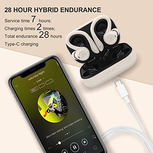 Beige Wireless Earbuds with Earhooks Bluetooth Earbuds with Ear Hook Waterproof Sport Headphones Noise Cancelling Ear Buds with Microphone Long Battery Life Earphones for Running Workout Android iOS