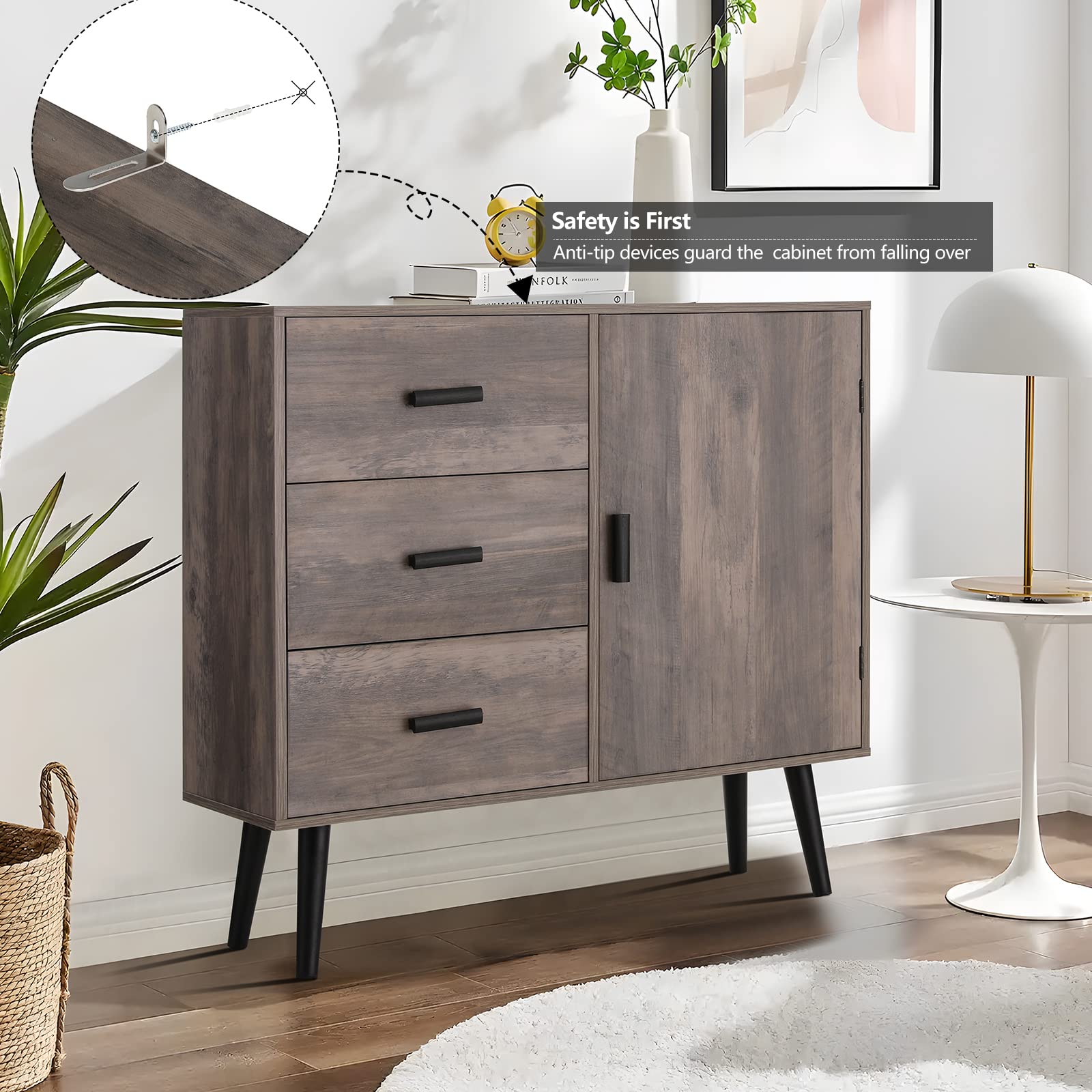 Iwell Storage Cabinet with 3 Drawers and Adjustable Shelf, Sideborad Buffet Cabinet with Door, Accent Cabinet for Living Room, Entryway, Hallway, Rustic Oak