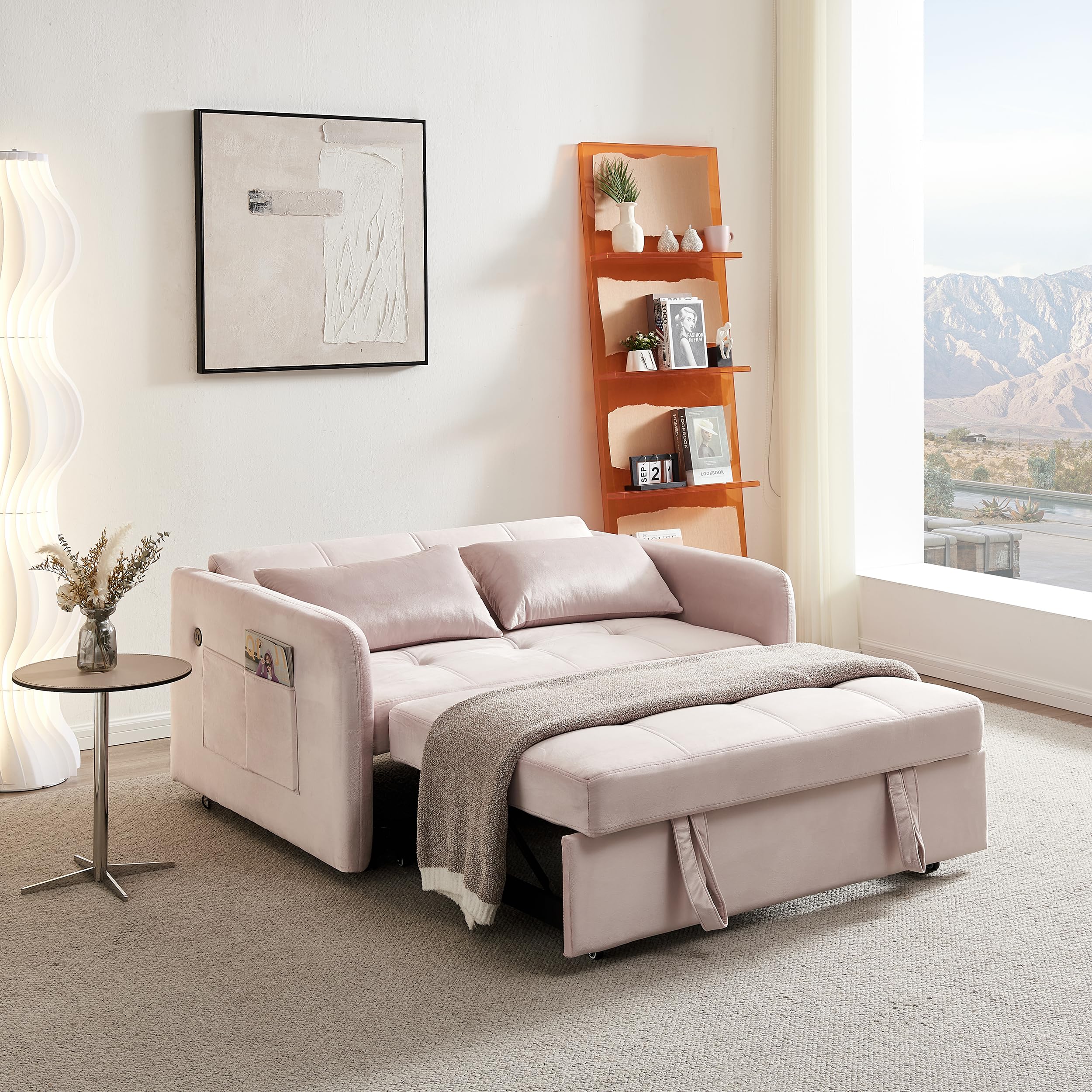 KoiHome Convertible Sleeper, 55.5" Twins Pull Out Sofa Bed with Adjustable Backrest, Velvet Loveseat Couch Chaise with USB Port, Side Pockets and 2 Pillows, Living Room Foldable Recliner, Pink