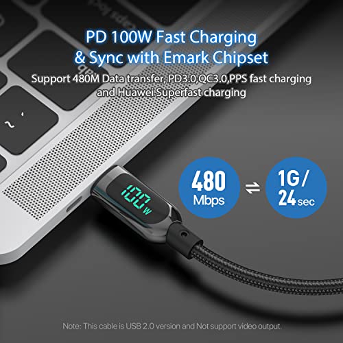 SOOPII 100W 4ft USB C to USB C Cable Fast Charge, Nylon Braided Type-C Cable with LED Display for lPad Air/lPad Pro, MacBook Pro, Samsung Galaxy S21/S10/S9/Plus (Black)