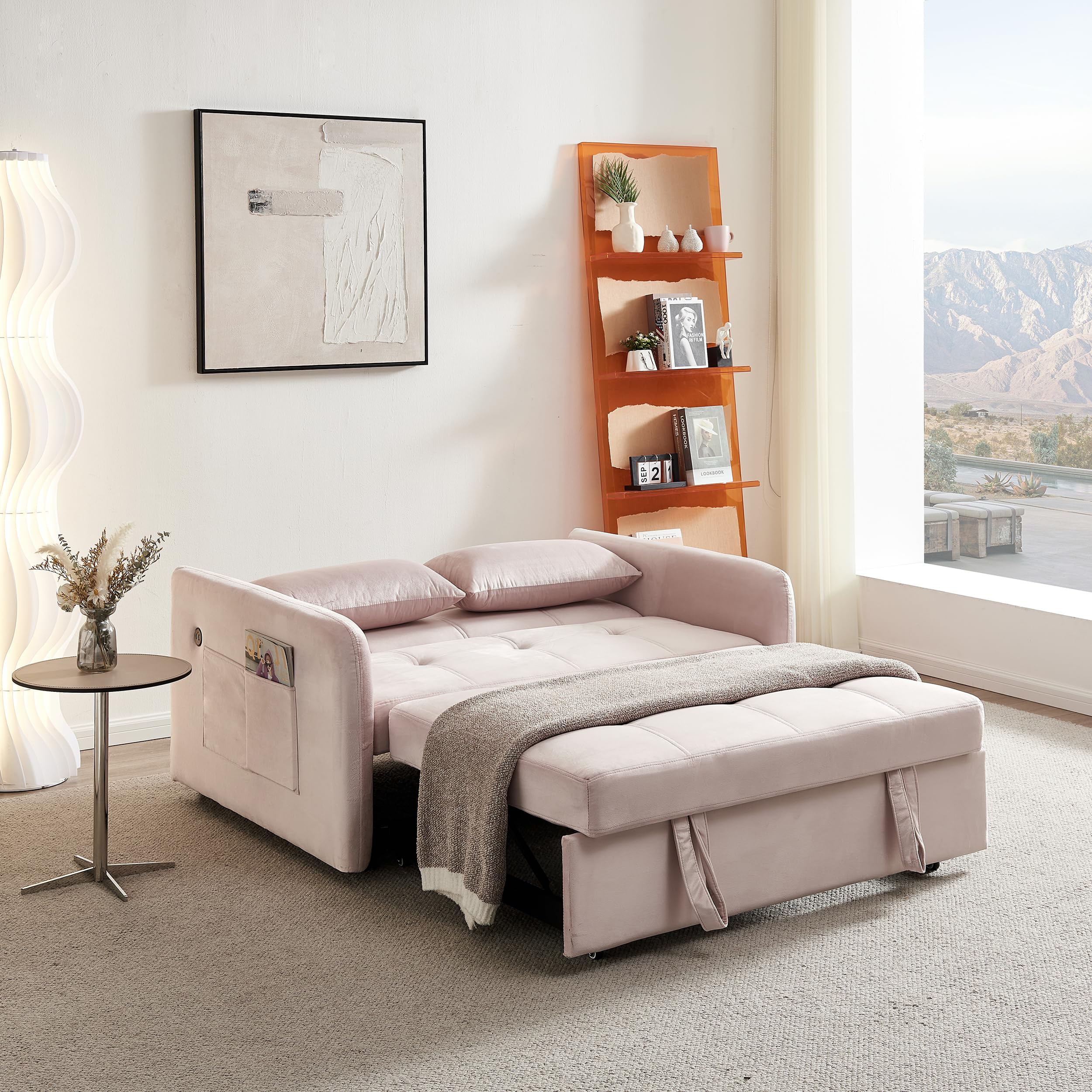 KoiHome Convertible Sleeper, 55.5" Twins Pull Out Sofa Bed with Adjustable Backrest, Velvet Loveseat Couch Chaise with USB Port, Side Pockets and 2 Pillows, Living Room Foldable Recliner, Pink