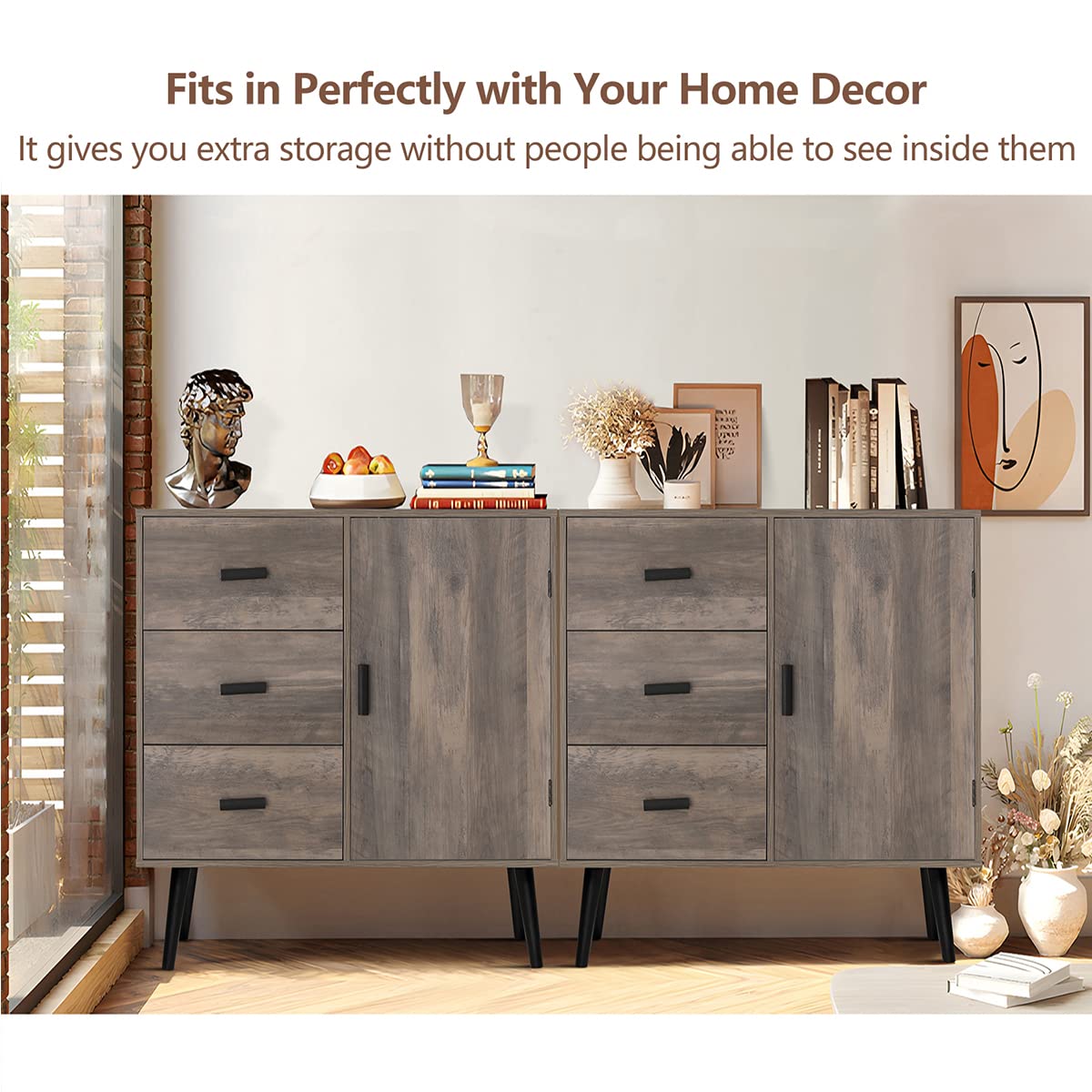 Iwell Storage Cabinet with 3 Drawers and Adjustable Shelf, Sideborad Buffet Cabinet with Door, Accent Cabinet for Living Room, Entryway, Hallway, Rustic Oak