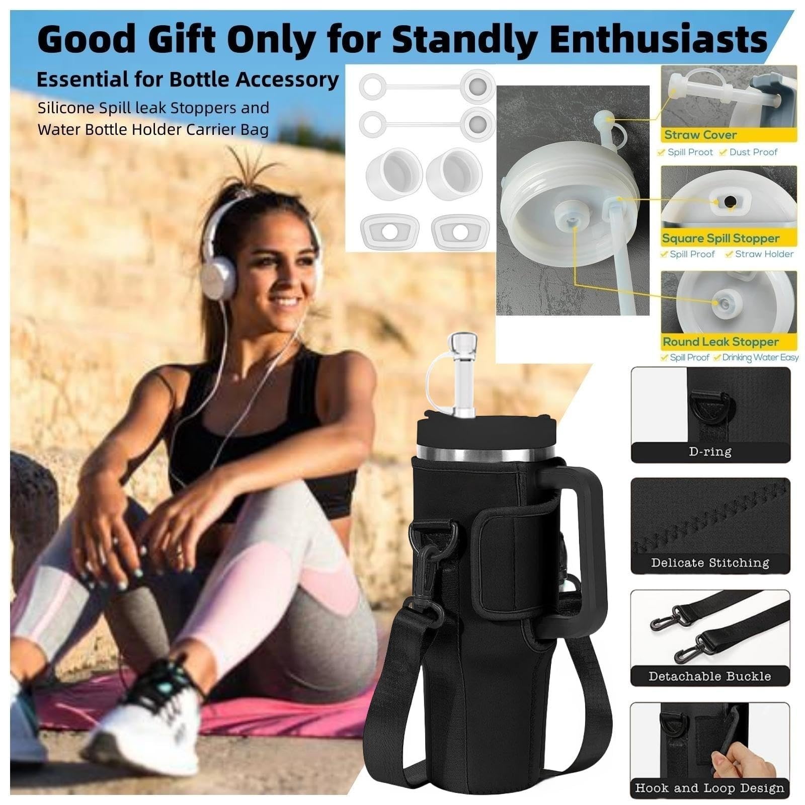 Narvokey Water Bottle Carrier Strap Fits Stanley Quencher H2.0, 40oz,Included 3Set Straw Stopper, Pouch Bag with Adjustable Shoulder Strap (Red)