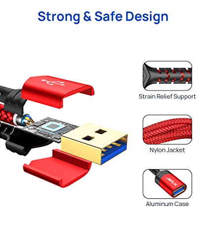 JSAUX USB 3.0 Extension Cable, [2 Pack 6.6ft] USB A Male to Female Extension Extender Cord High Data Transfer Compatible for USB Flash Drive, Keyboard, Printer, Xbox, Hard Drive and More-Red