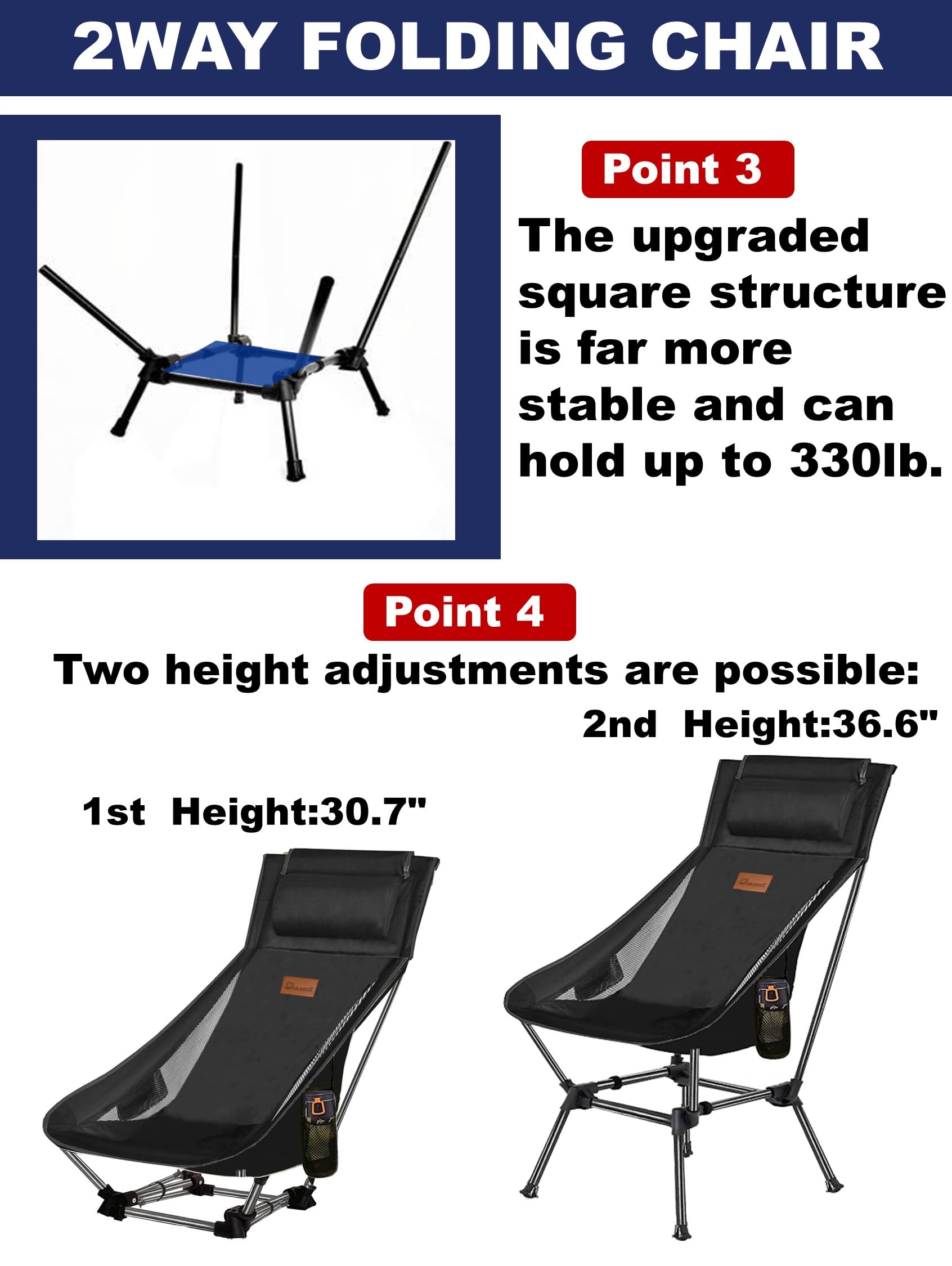 DRAXDOG Oversize Camping Chair, Minimalist Style, Carbon Steel Frame, Black, Large, Adult, Outdoor, 5.5 lbs, 330 lbs Max Weight, Foldable, Easy Setup, Practical, Comfortable, Versatile Uses