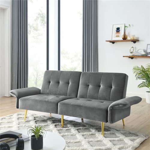 JFUYJK 78" Velvet Futon Sofa Bed, Convertible Sleeper Loveseat Couch with Folded Armrests and Storage Bags Gray