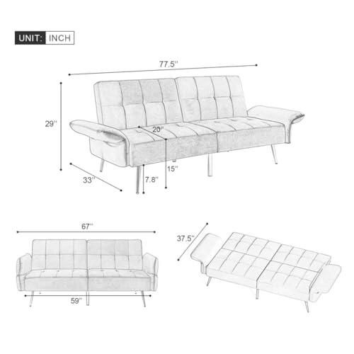 JFUYJK 78" Velvet Futon Sofa Bed, Convertible Sleeper Loveseat Couch with Folded Armrests and Storage Bags Gray