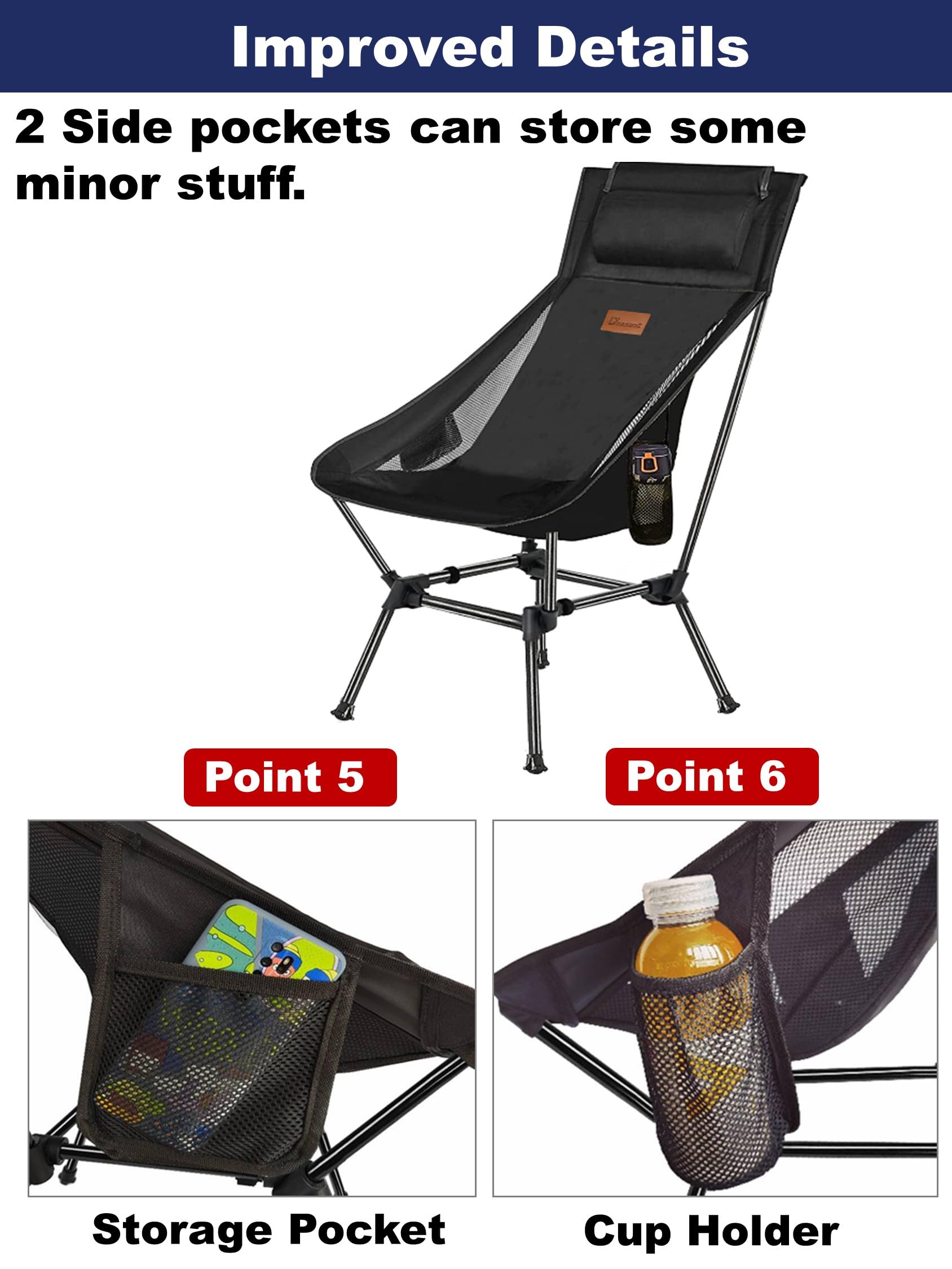 DRAXDOG Oversize Camping Chair, Minimalist Style, Carbon Steel Frame, Black, Large, Adult, Outdoor, 5.5 lbs, 330 lbs Max Weight, Foldable, Easy Setup, Practical, Comfortable, Versatile Uses