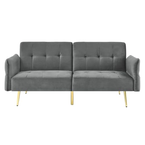 JFUYJK 78" Velvet Futon Sofa Bed, Convertible Sleeper Loveseat Couch with Folded Armrests and Storage Bags Gray