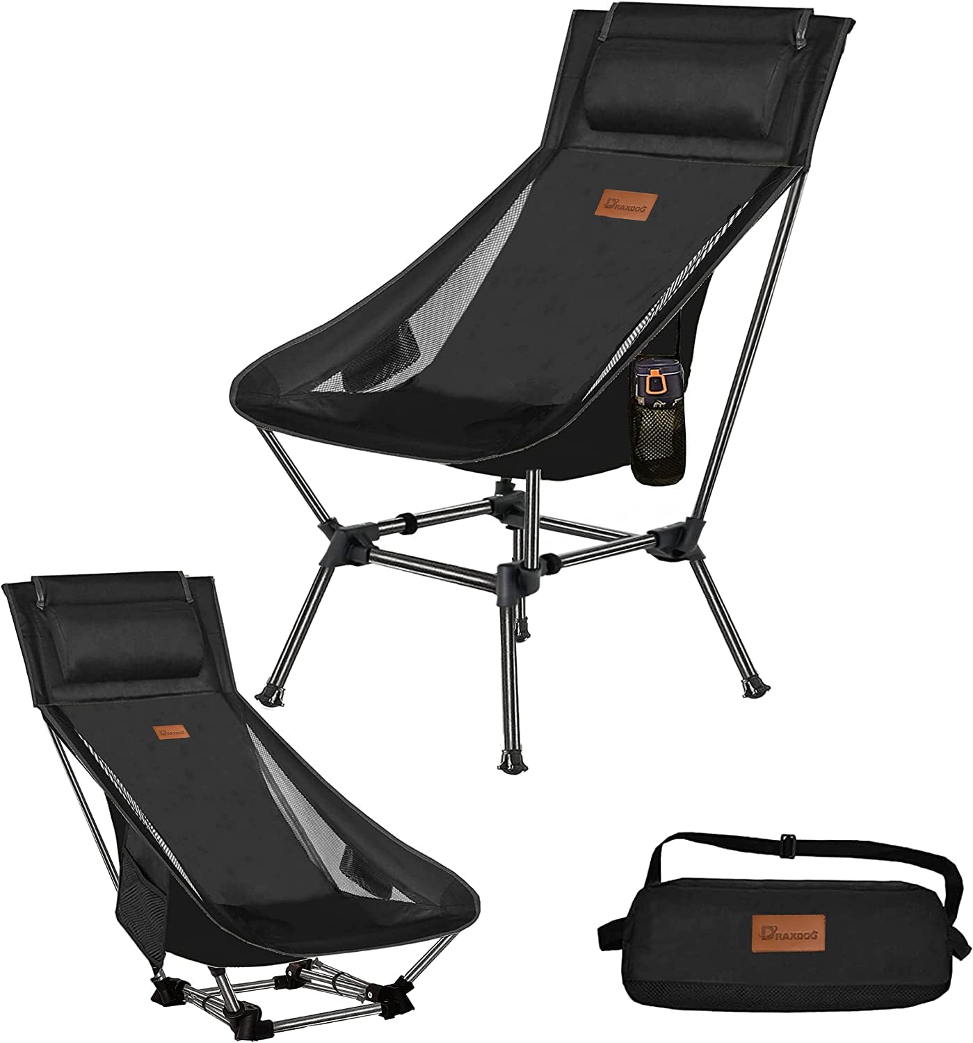 DRAXDOG Oversize Camping Chair, Minimalist Style, Carbon Steel Frame, Black, Large, Adult, Outdoor, 5.5 lbs, 330 lbs Max Weight, Foldable, Easy Setup, Practical, Comfortable, Versatile Uses