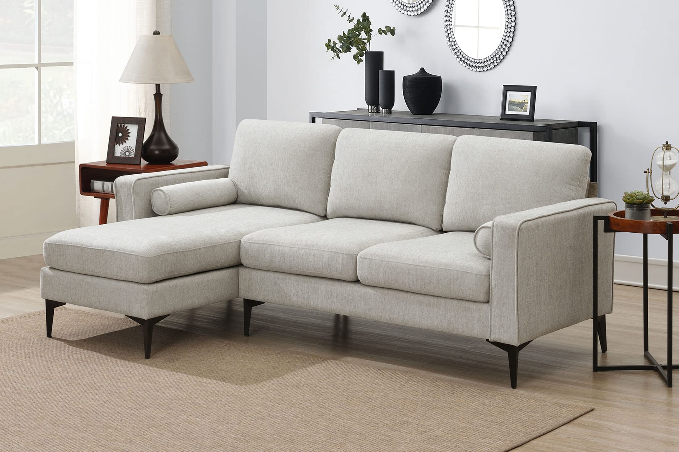 Merax 86" Convertible, Modern Chenille Fabric, L-Shaped Couch 3-Seat Sofa Sectional with Reversible Chaise (2 Pillows), Combo, Beige