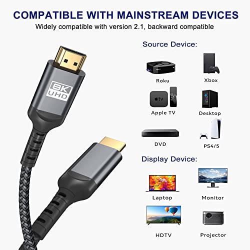 ALLEASA 8K HDMI Cable, Ultra 48Gbps High Speed 12 FT HDMI Cable, 12 Foot hdmi Cable -4K@120Hz 8K@120Hz, eARC, HDR10, DTS:X, HDCP 2.2 & 2.3, Compatible with PS4/5,Blu-ray, Monitor,PC(Grey,2 Pack)