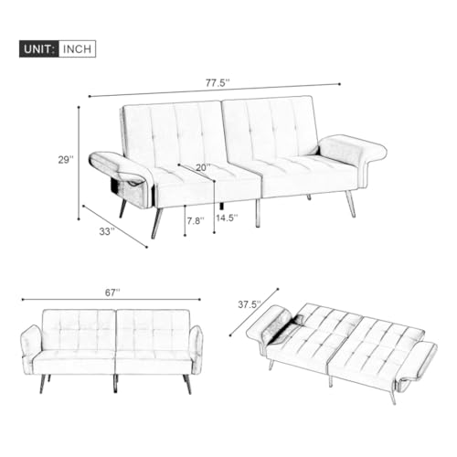 JFUYJK Velvet Futon Sofa Bed, Convertible Sleeper Loveseat Couch with Folded Armrests and Storage Bags for Small Space