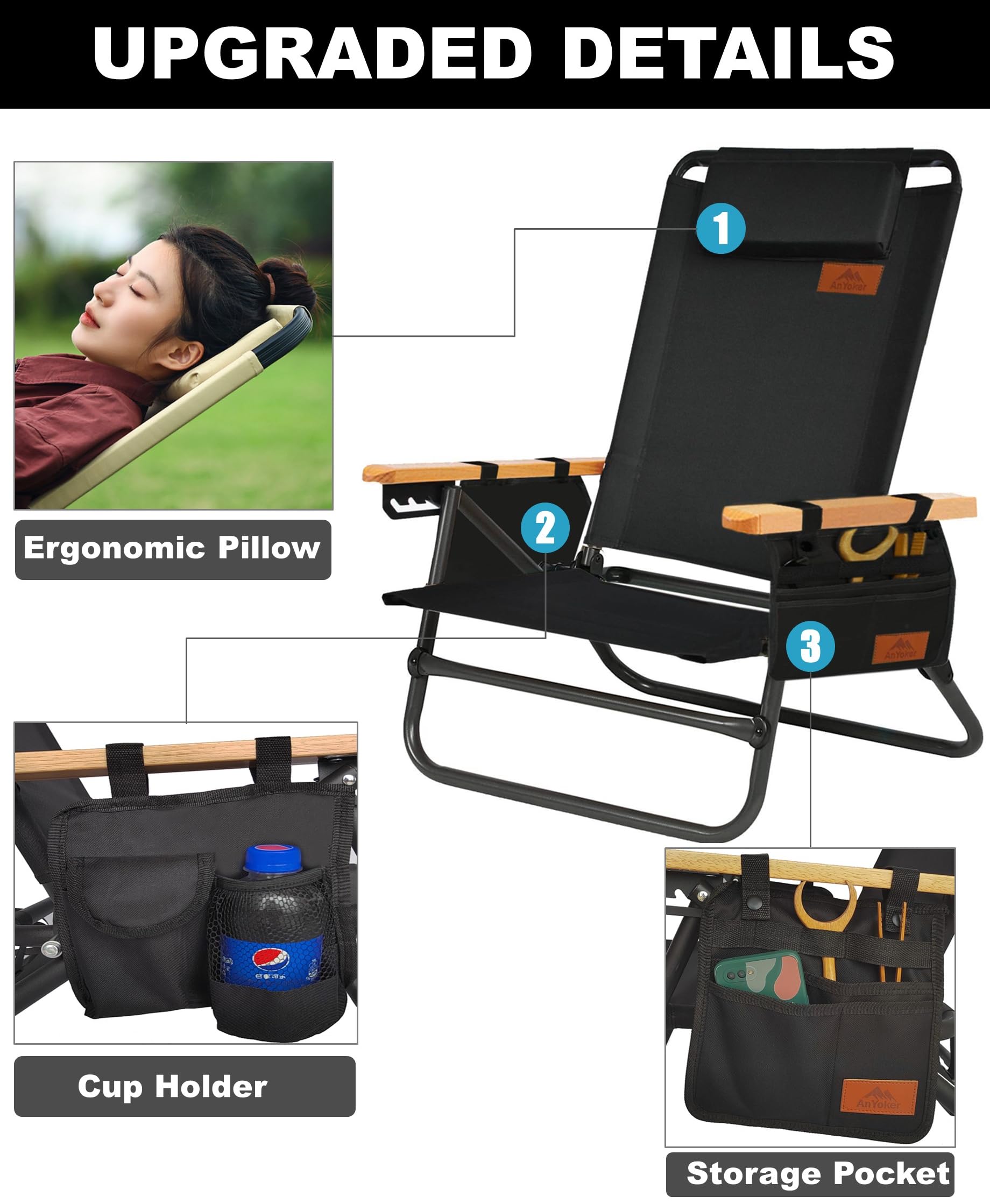 AnYoker Beach Chair, 4 Adjust Position Compact Backpacking Chair, Portable Folding Chair, Camping Chair with Side Pocket, Headrest,Cup Holder,Shoulder Strap, Lightweight Hiking SDTJY(Mouse)