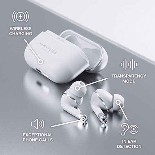 Happy Plugs Air 1 ANC β Premium Quality True Wireless Bluetooth Earbuds β Charging Case & Built-in Microphones β Excellent Active Noise Cancelling β 38 Hours Battery Life - White