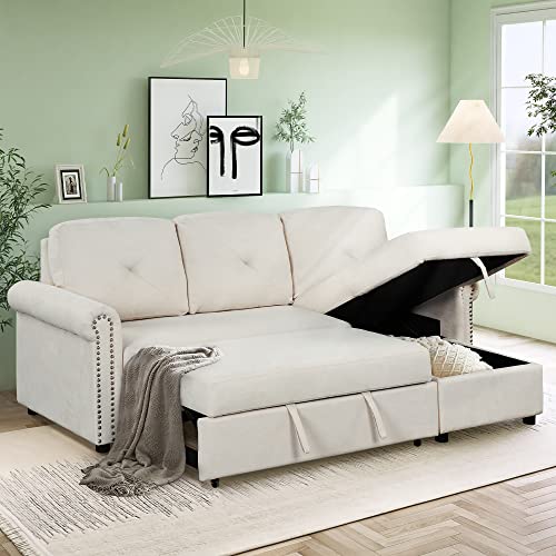 L-Shape Convertible Sectional Sofa with Pull Out Bed,Velvet Upholstery Corner Couch with Storage Chaise Lounge,3 Seater Comfy Small Sofabed with Rivets Dec for Living Room, Home, Apartment