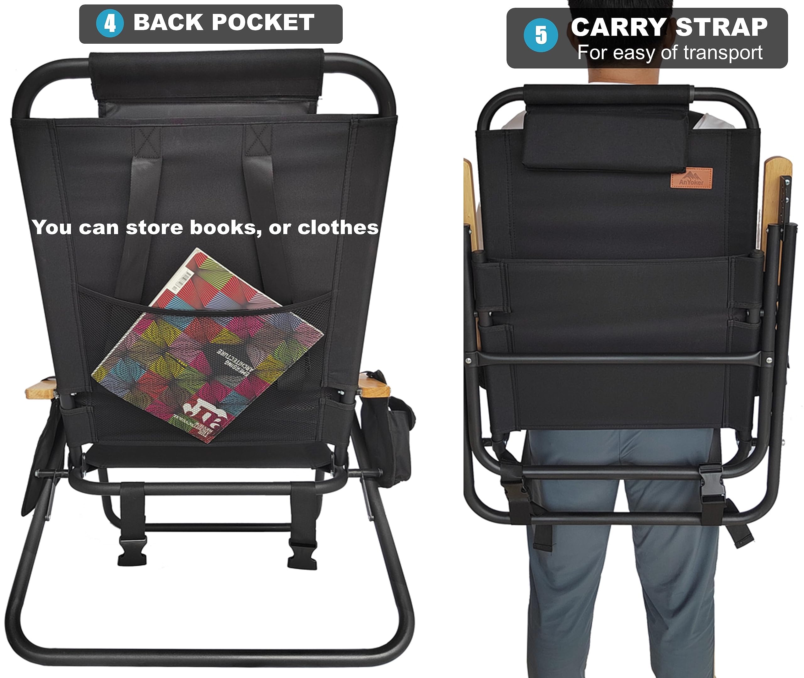 AnYoker Beach Chair, 4 Adjust Position Compact Backpacking Chair, Portable Folding Chair, Camping Chair with Side Pocket, Headrest,Cup Holder,Shoulder Strap, Lightweight Hiking SDTJY(Mouse)