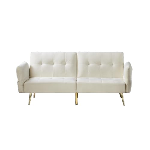 JFUYJK Velvet Futon Sofa Bed, Convertible Sleeper Loveseat Couch with Folded Armrests and Storage Bags for Small Space