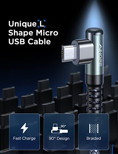 AINOPE Micro USB Cable, (3-Pack, 6.6ft/6.6ft/10ft) Micro USB Charging Cable Right Angle, High Speed Durable Nylon Braided Android Charger Compatible for Fire Tablet, Kindle, Samsung Galaxy S7 S6