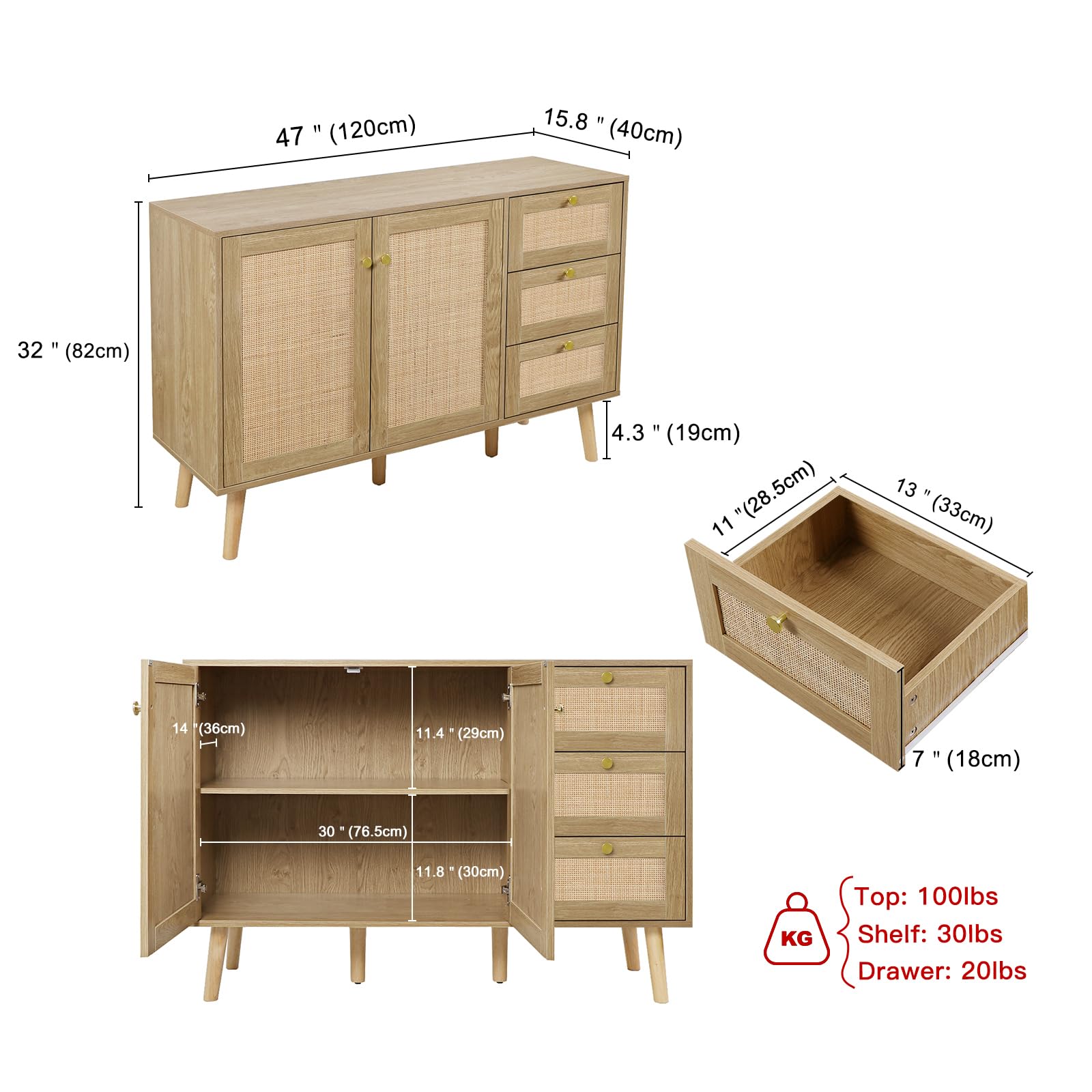 Anmytek Rattan Sideboard Buffet Cabinet with 2 Doors and 3 Drawers, Buffet Cabinet with Storage Wood Credenza Storage Cabinet for Living Room Dining Room Hallway Kitchen, Natural Oak H0088