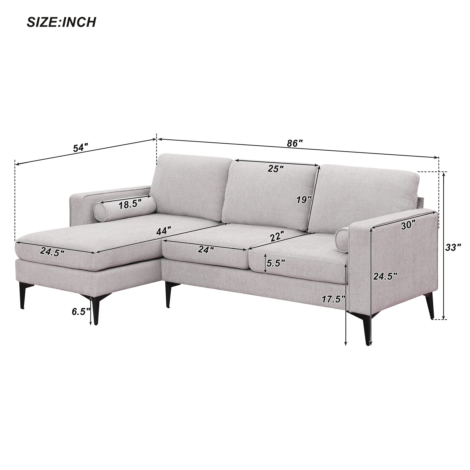 Merax 86" Convertible, Modern Chenille Fabric, L-Shaped Couch 3-Seat Sofa Sectional with Reversible Chaise (2 Pillows), Combo, Beige
