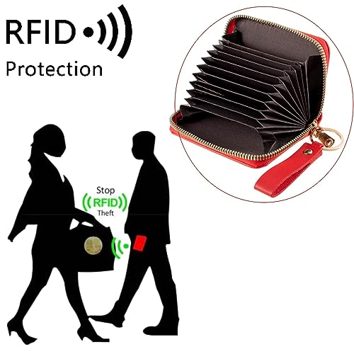 PEIQICHU Red Credit Card Holder 14 Slots Soft PU Leather Card Case Card Protector Metal Zipper With Keychain Men & Women RFID Blocking Small Wallet for ID Card Credit Cards