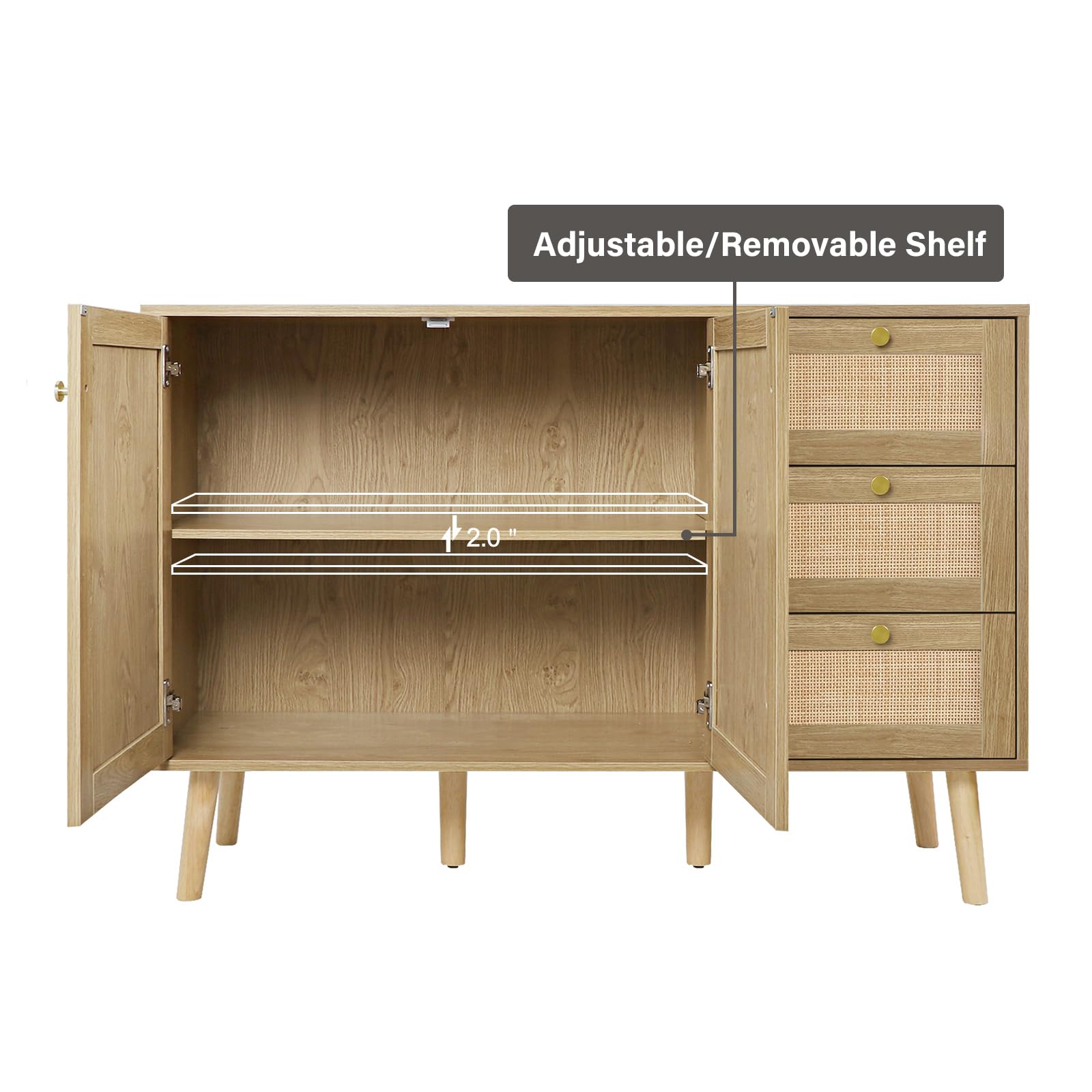 Anmytek Rattan Sideboard Buffet Cabinet with 2 Doors and 3 Drawers, Buffet Cabinet with Storage Wood Credenza Storage Cabinet for Living Room Dining Room Hallway Kitchen, Natural Oak H0088