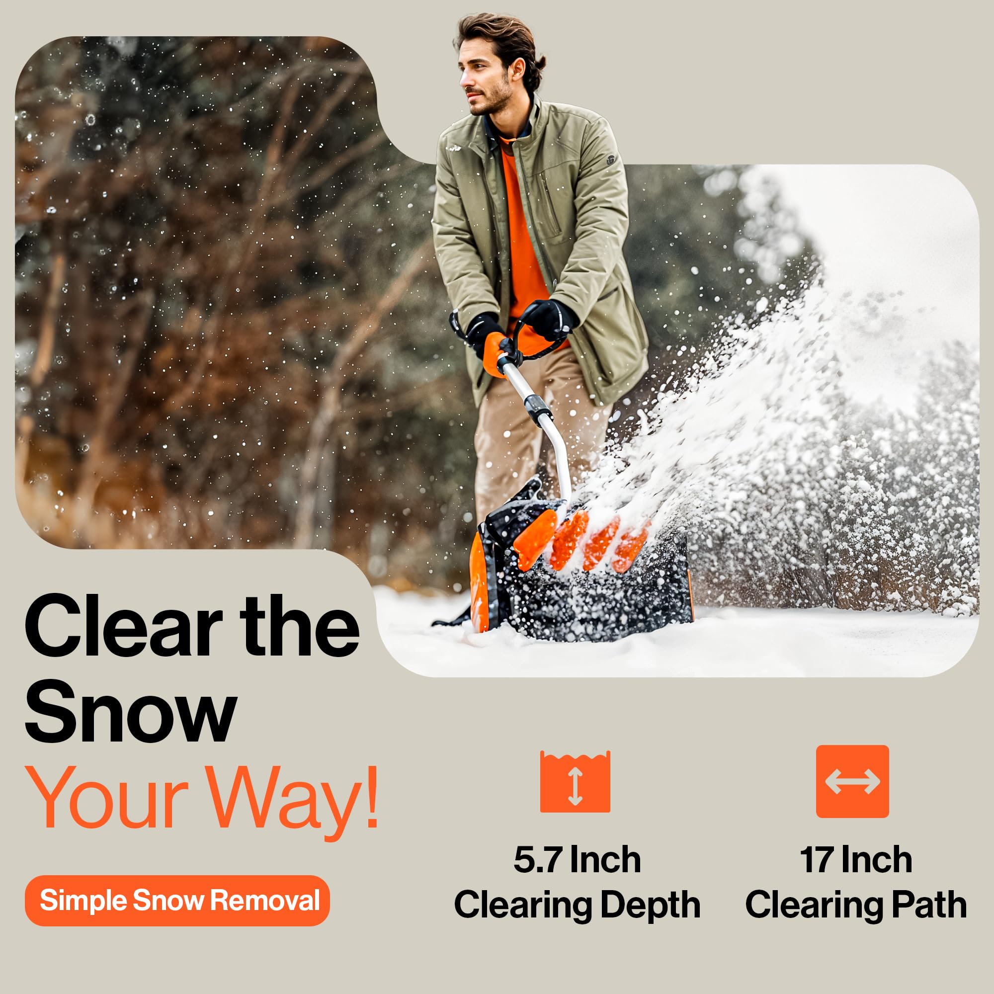 SuperHandy Electric Snow Thrower Adjustable Angle 17" Clearing Width 5.7" Intake Height 23' ft Throw Curved Serrated Blade 48V-2Ah Battery Portable Wheels Easy Maneuver Safety Switches Comfort Handle