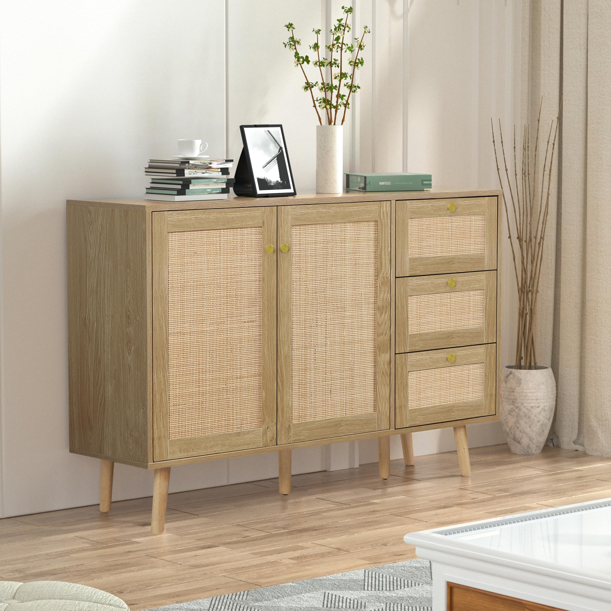 Anmytek Rattan Sideboard Buffet Cabinet with 2 Doors and 3 Drawers, Buffet Cabinet with Storage Wood Credenza Storage Cabinet for Living Room Dining Room Hallway Kitchen, Natural Oak H0088