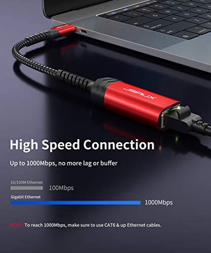 USB C to Ethernet Adapter, JSAUX USB-C to RJ45 Thunderbolt 3/Type C to Gigabit Ethernet LAN Network Adapter Compatible with iPad Pro 2021, iMac, MacBook Pro 2020/2019, MacBook Air, Dell and More-Red