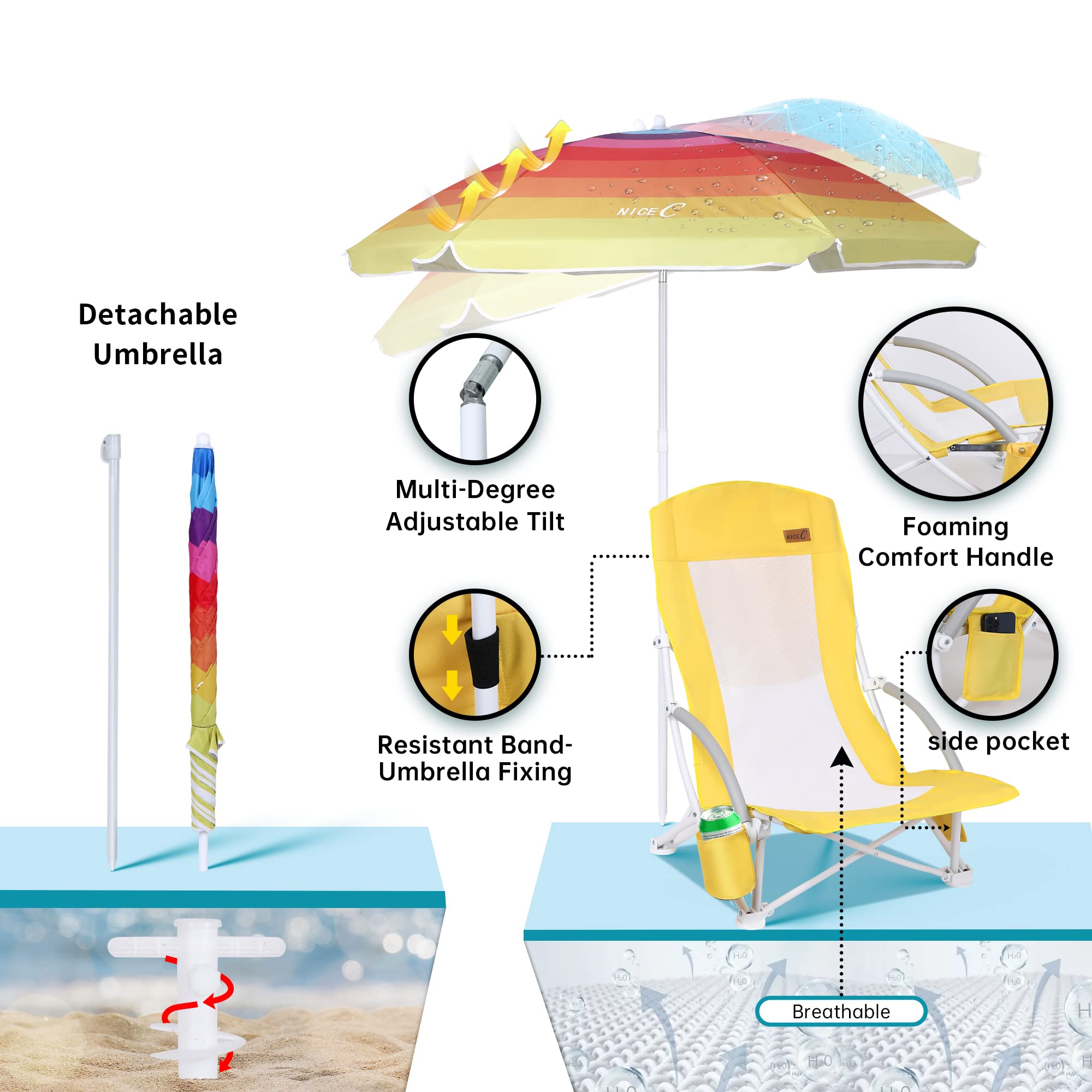 Nice C Beach Chair, Beach Chairs for Adults with Umbrella and Cooler, High Back, Cup Holder & Carry Bag & Heavy Duty Compact Outdoor, Camping (Set of Yellow)