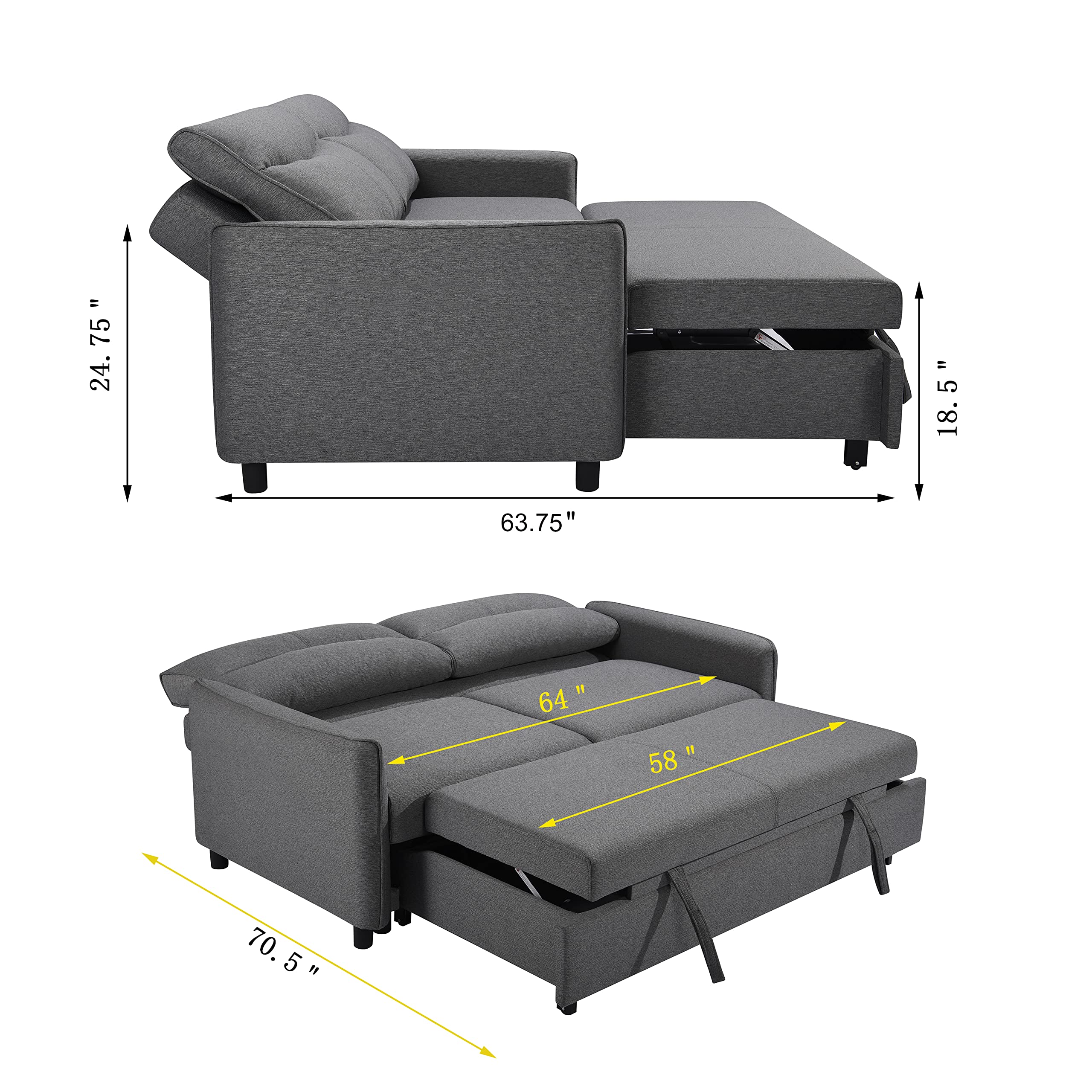 Verfur Sofa 3 in 1 Convertible Sleeper Loveseat Sofabed, Futon Couch with Pullout Bed, 2 Seater Small Love Seat Lounge with Reclining Backrest, Living Room Furniture for Home Office, Grey Queen Size