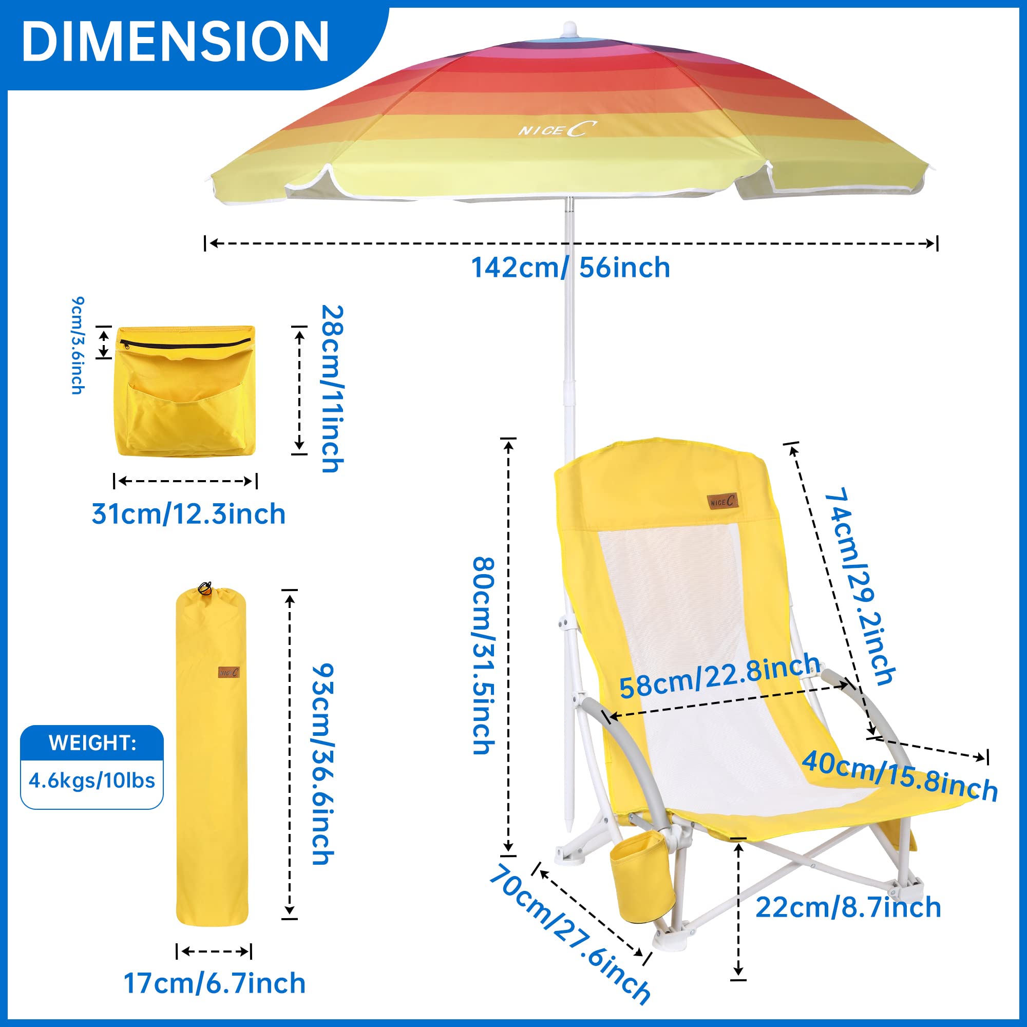 Nice C Beach Chair, Beach Chairs for Adults with Umbrella and Cooler, High Back, Cup Holder & Carry Bag & Heavy Duty Compact Outdoor, Camping (Set of Yellow)