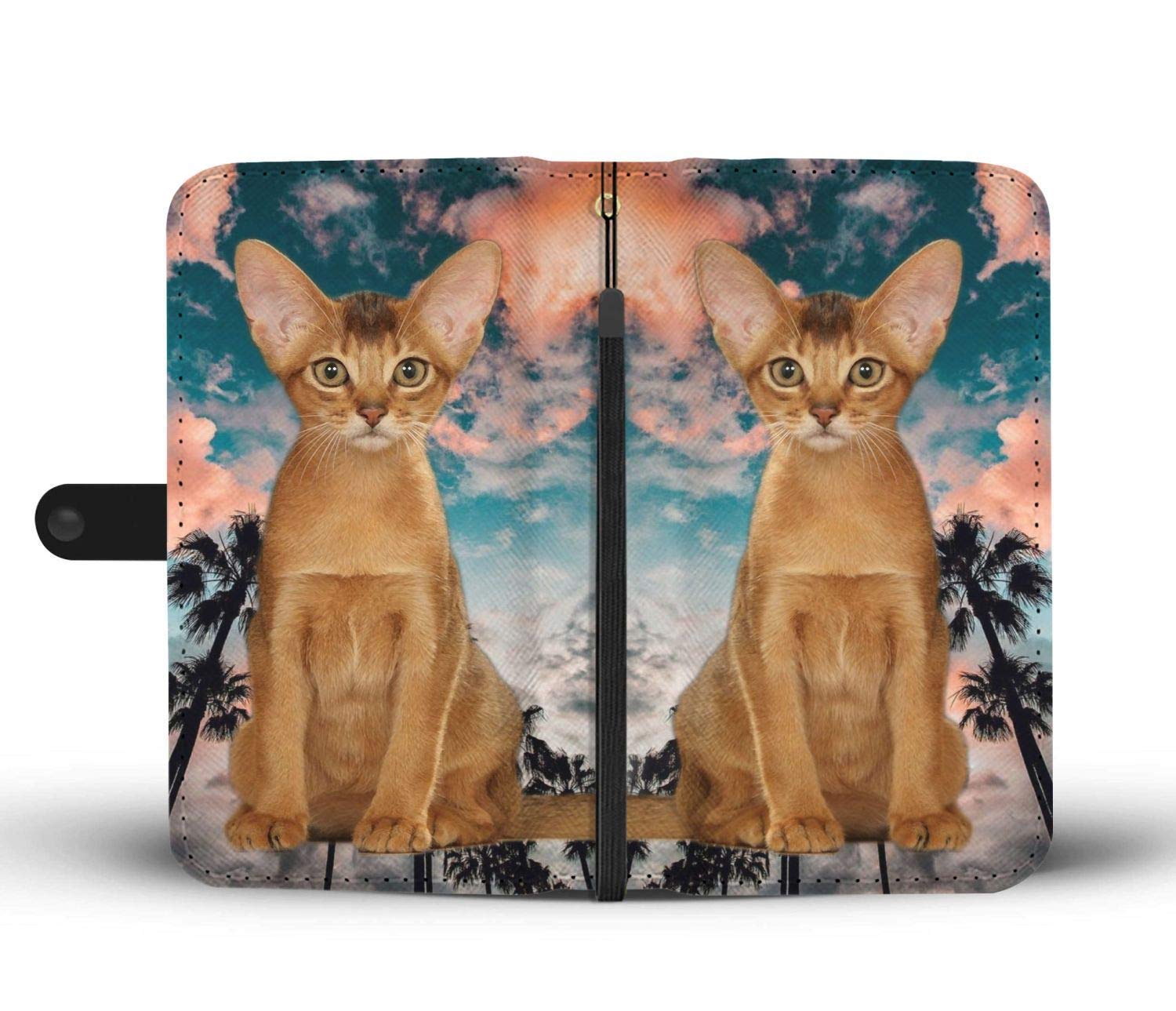 Cat Print Phone Case, Cute Abyssinian Cat Print Smartphone iPhone Wallet Case. Stunning Faux Leather Wallet Phone Cover/Stand for Samsung Galaxy, iPhone 6/7/8/X with RFID Protection