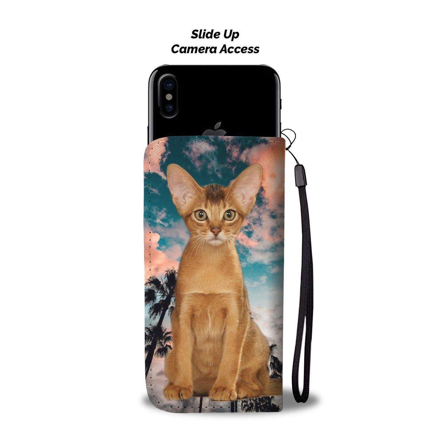 Cat Print Phone Case, Cute Abyssinian Cat Print Smartphone iPhone Wallet Case. Stunning Faux Leather Wallet Phone Cover/Stand for Samsung Galaxy, iPhone 6/7/8/X with RFID Protection